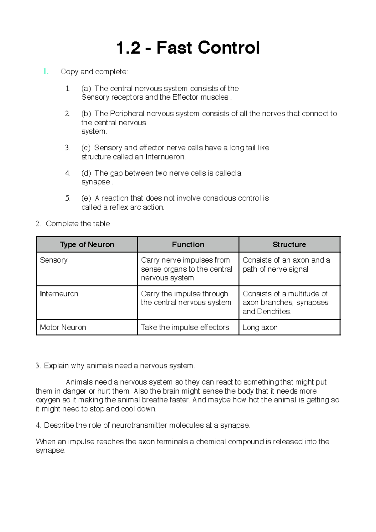 fast control biology - 1 - Fast Control 1. Copy and complete: (a) The ...