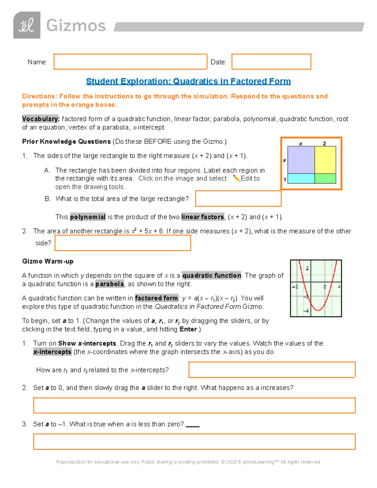 Copy of Quadratic Factored SE - Name: Date: Student Exploration ...