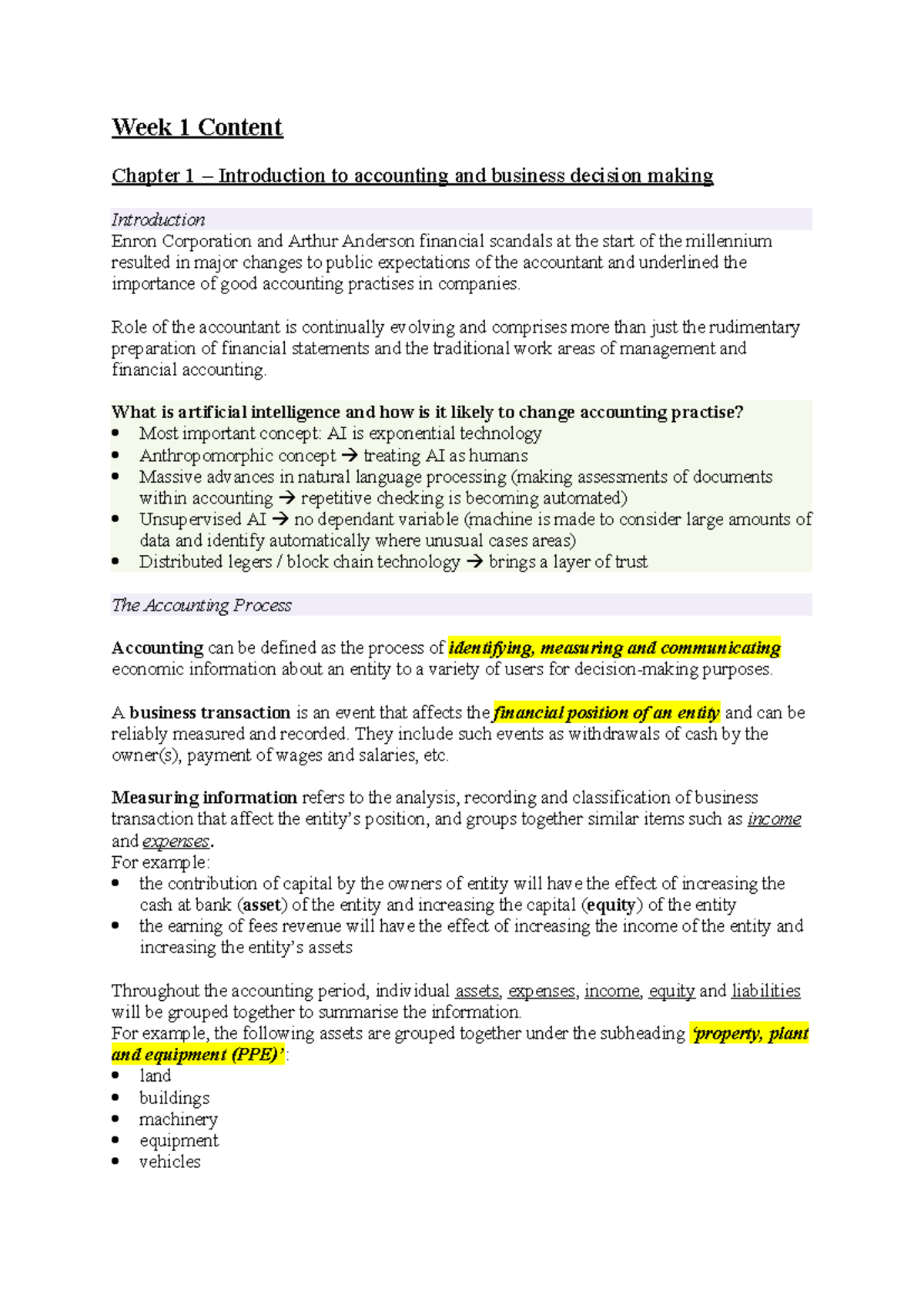 Week 1 Content - Week 1 Content Chapter 1 – Introduction to accounting ...