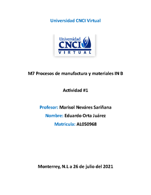 Procesos DE Manufactura Y Materiales actividad 2 - Universidad: CNCI VIRTUAL. MATERIA: M7 ...