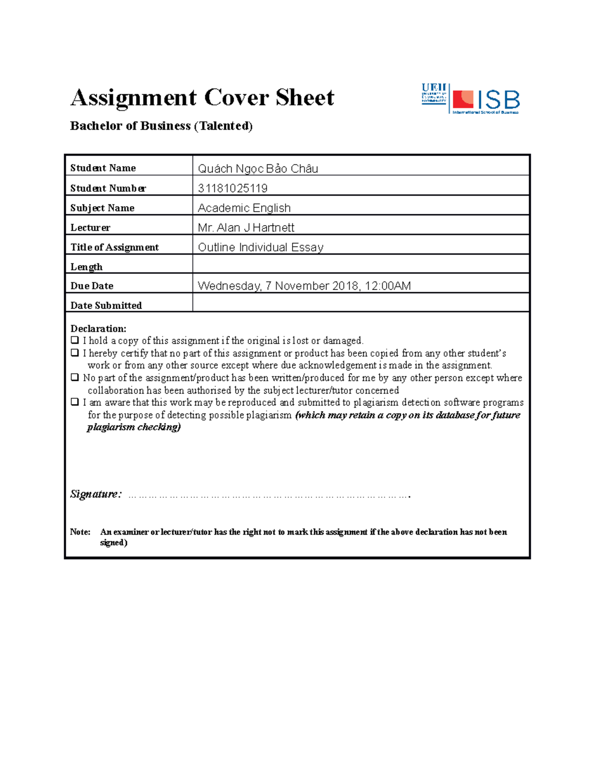 [Quách Ngọc Bảo Châu Final outline Final individual essay] - Assignment ...