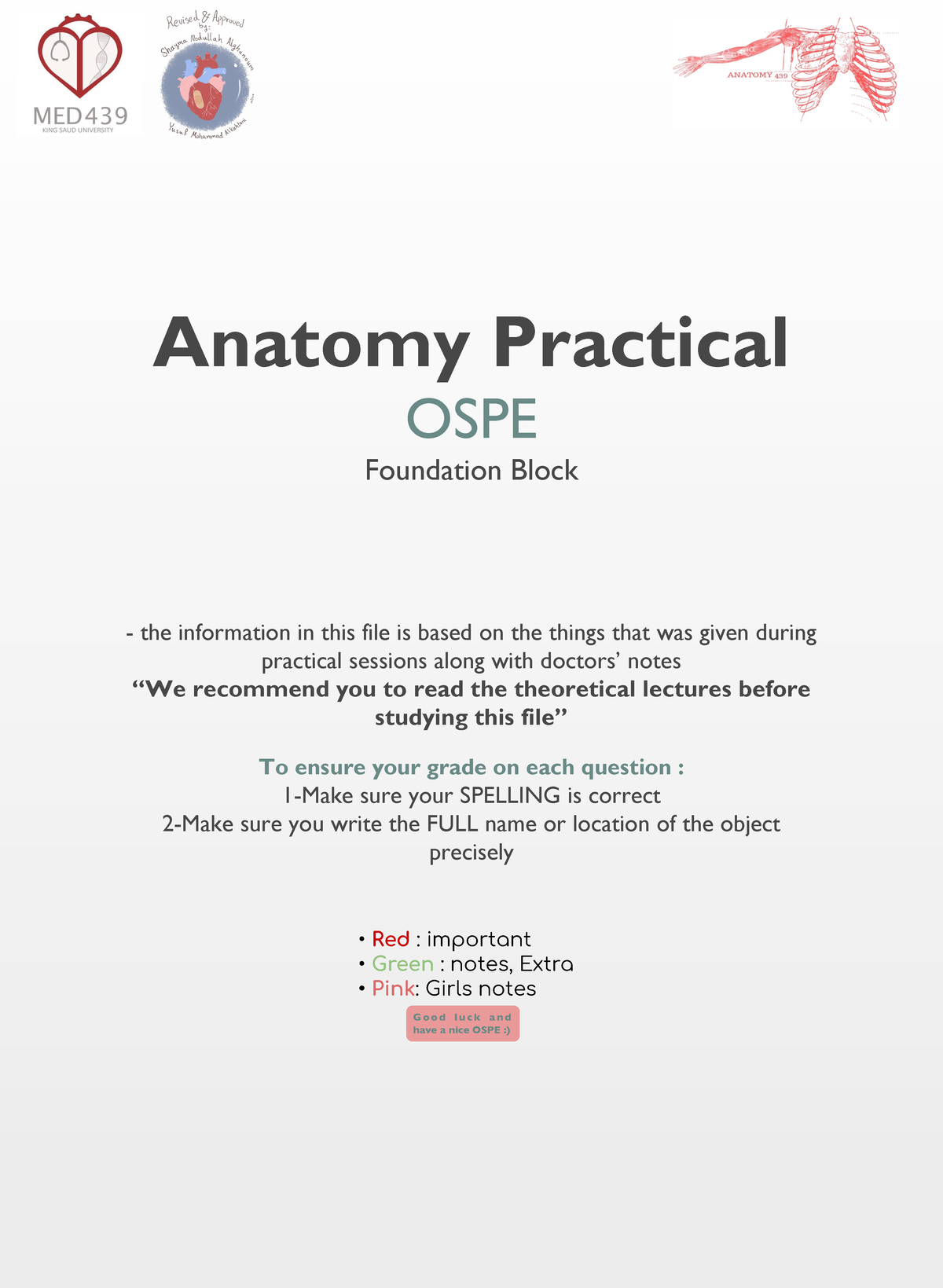Anatomy OSPE - Fool - Anatomy Practical OSPE Foundation Block - the information in this file is ...