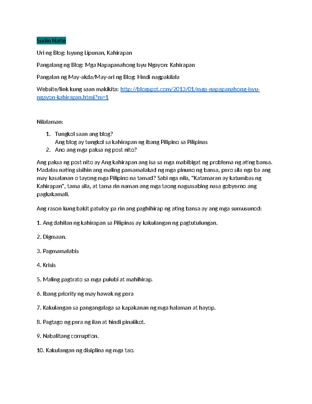 Filipino Module 2 - Sjsjsjsjss - Suriin Natin Uri ng Blog: Isyung ...