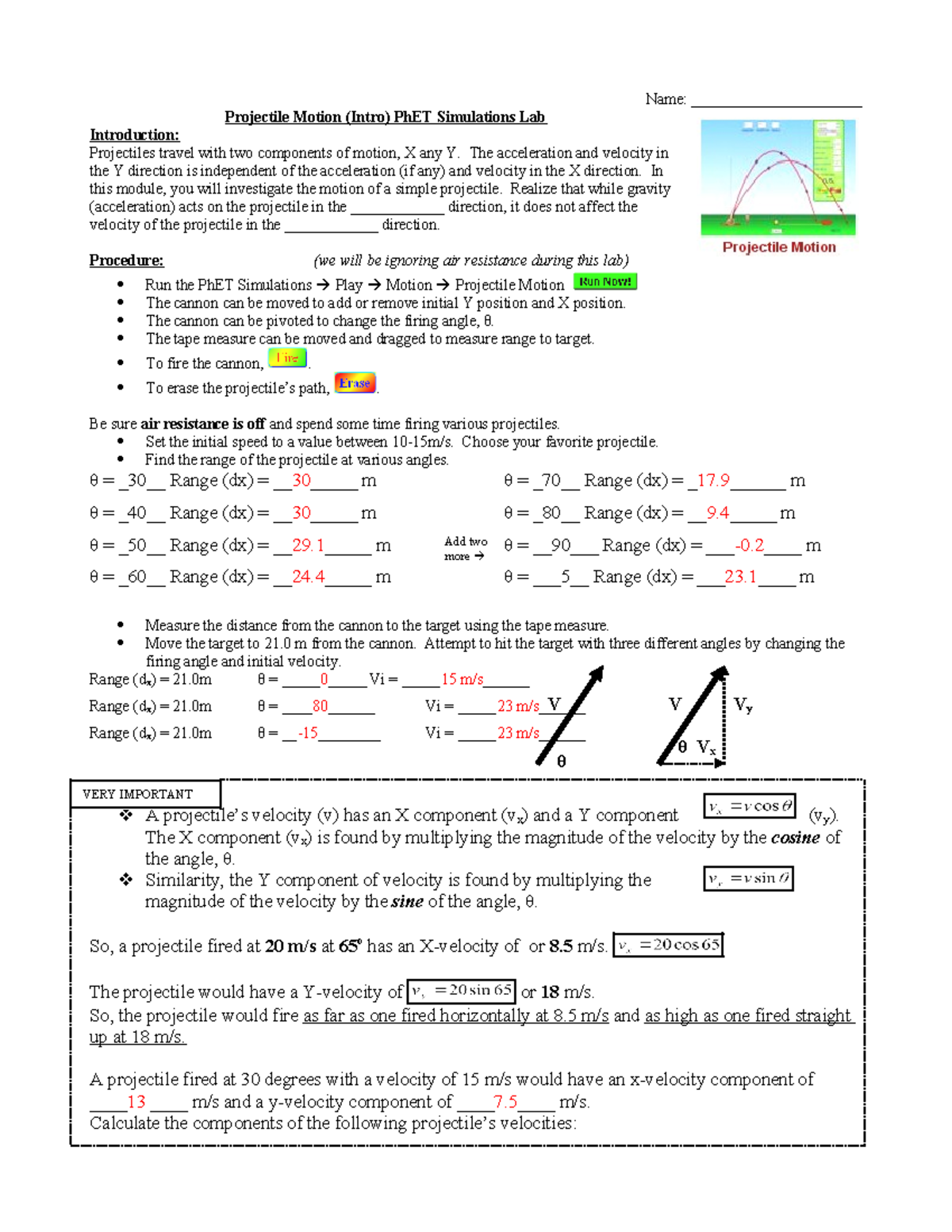 Projectiles Ph ET Sim Lab - Name: ______________________ Projectile ...