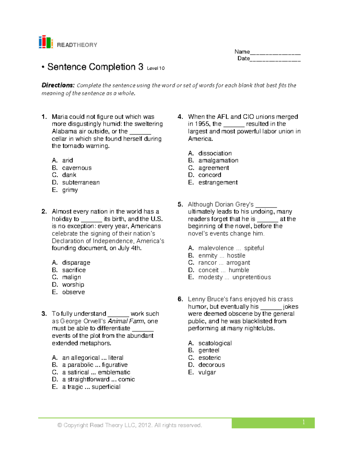 Level 10 Sentence Completion 3 - © Copyright Read Theory LLC, 2012. All ...