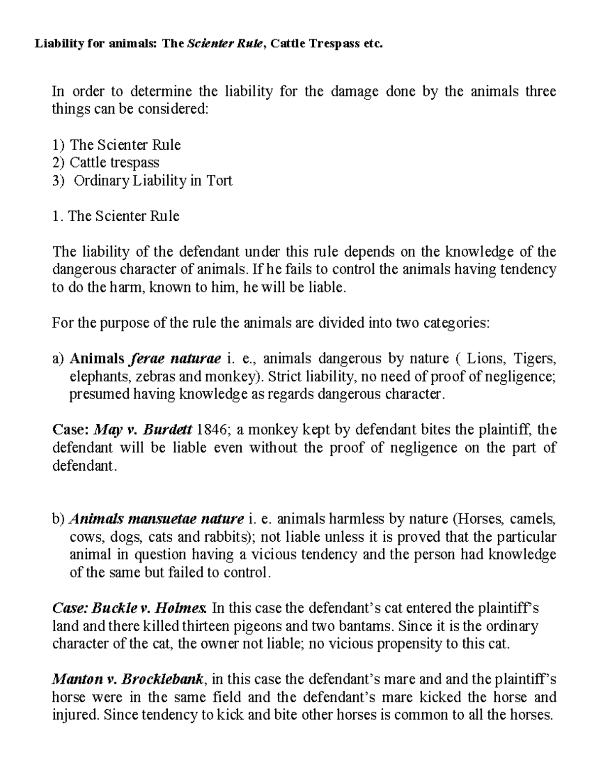 Liability for animals - Law of Torts - Liability for animals: The ...