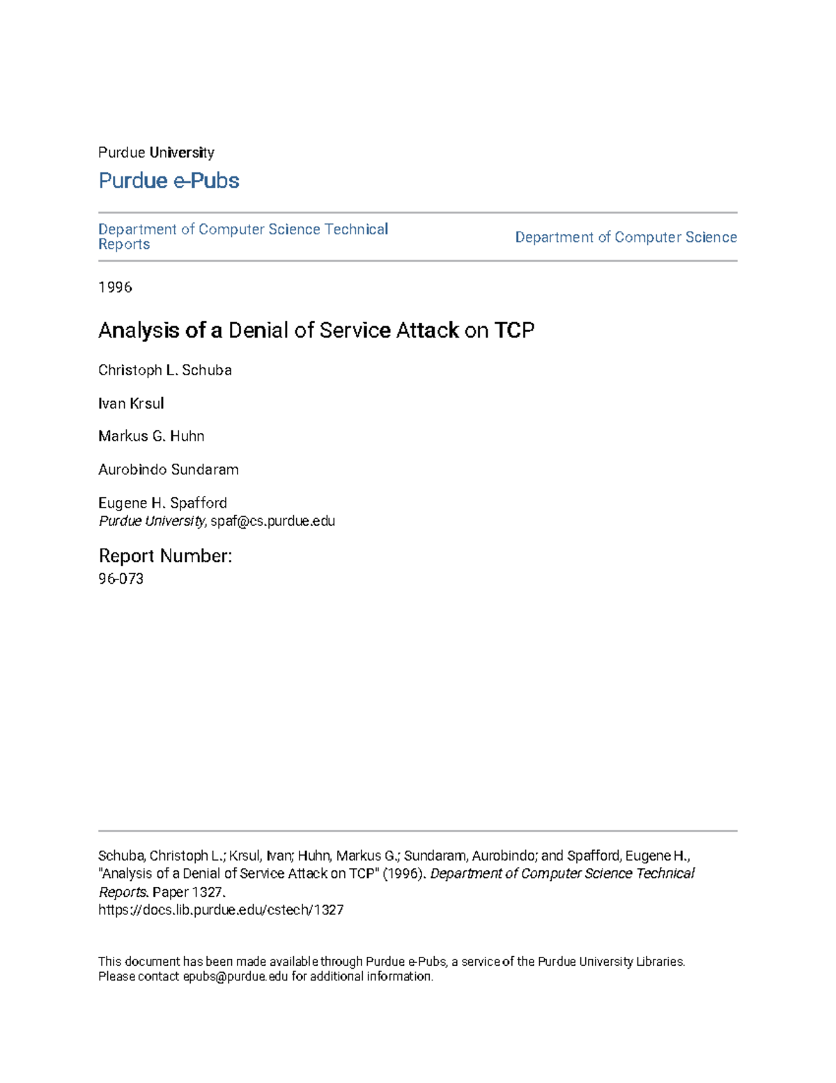 Analysis of a Denial of Service Attack on TCP - Purdue UniversityPurdue ...