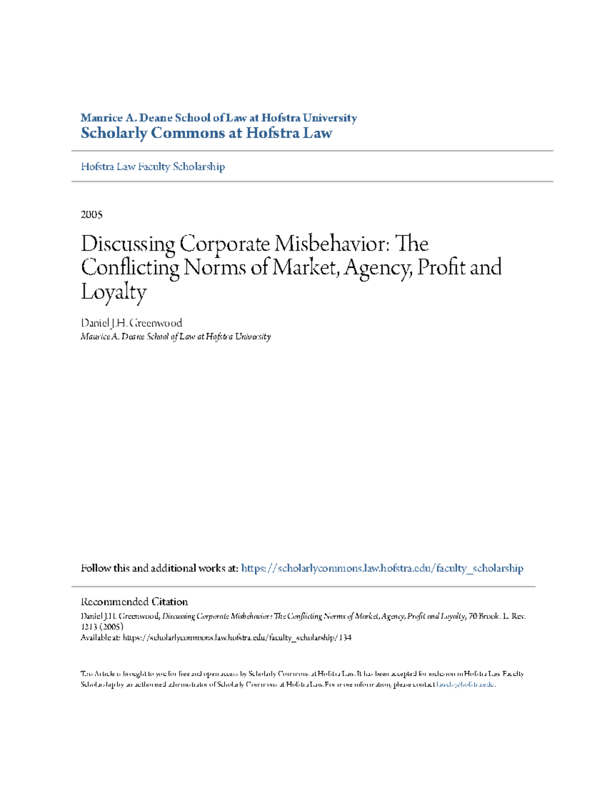 Discussing Corporate Misbehavior The Conflicting Norms of Market ...