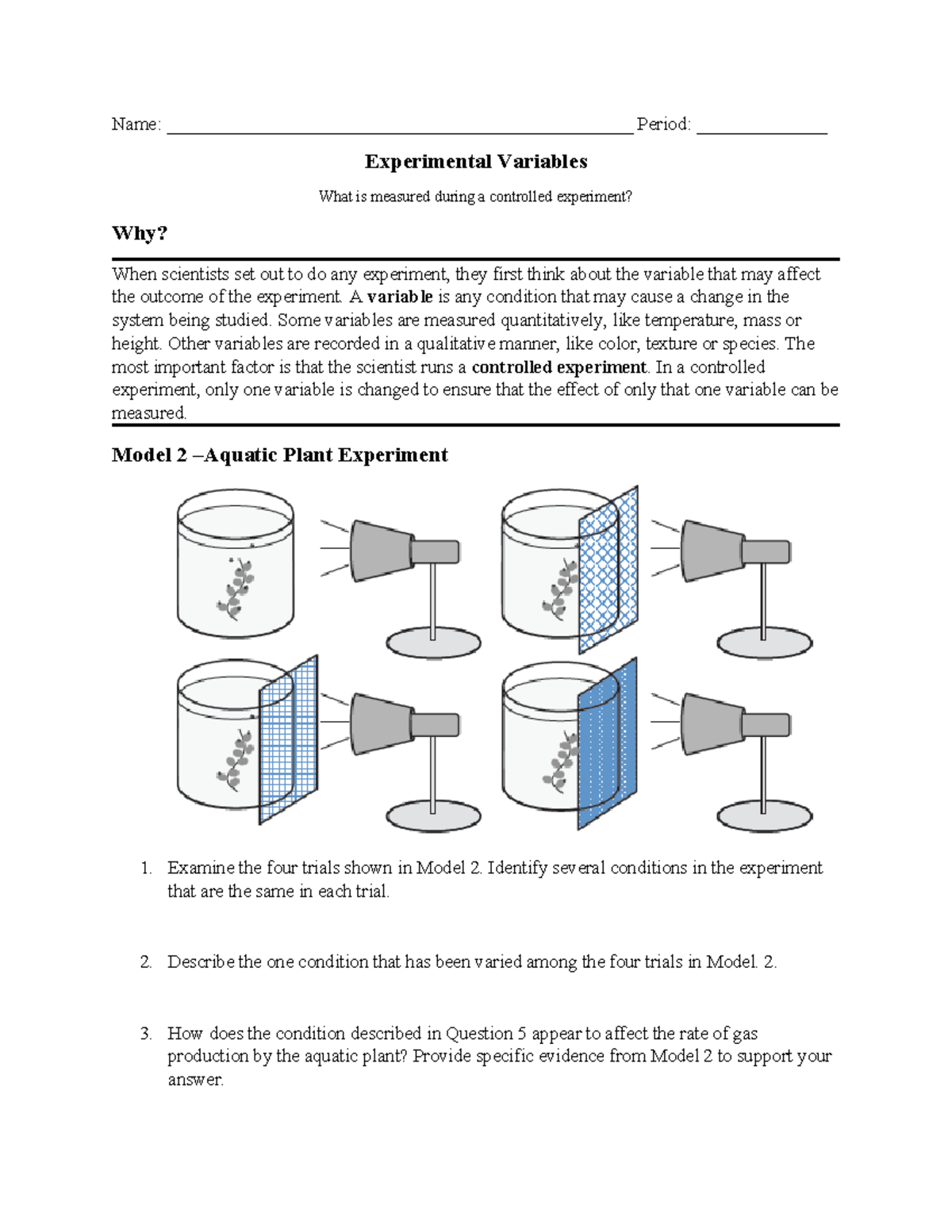 Experimental Variables Honors Pogil - Name