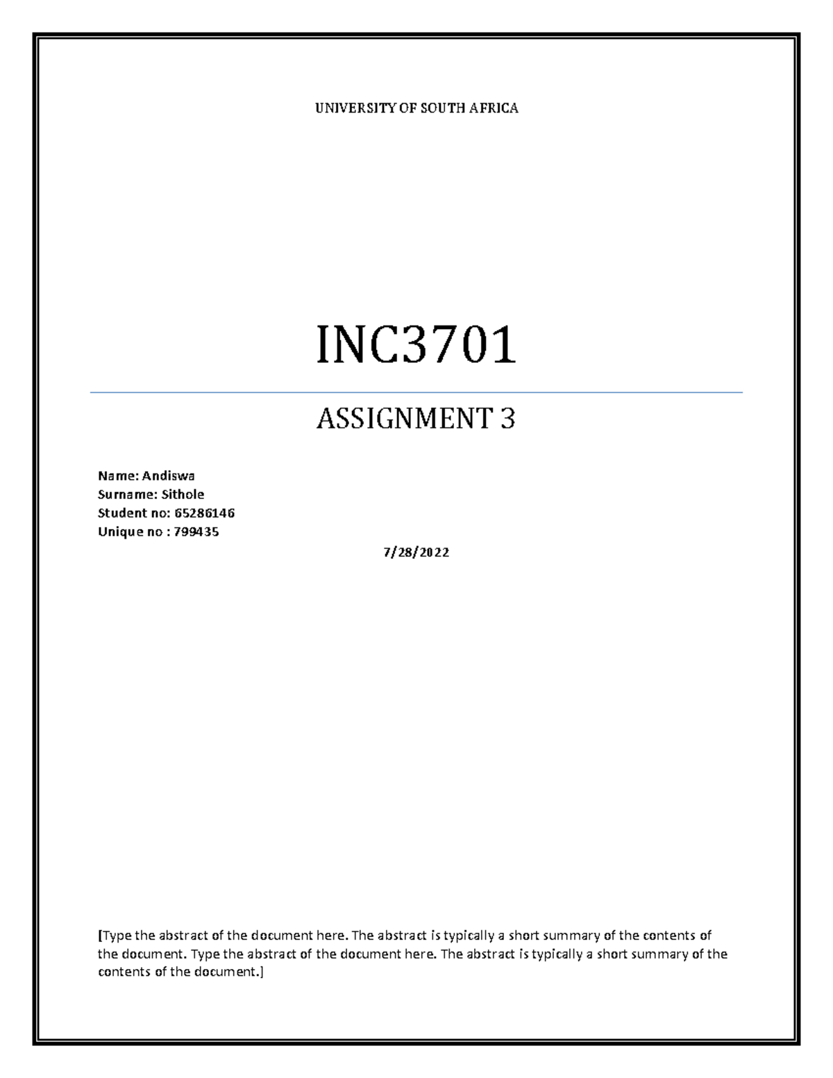 INC3701-65286146 ASS3 - UNIVERSITY OF SOUTH AFRICA INC ASSIGNMENT 3 ...