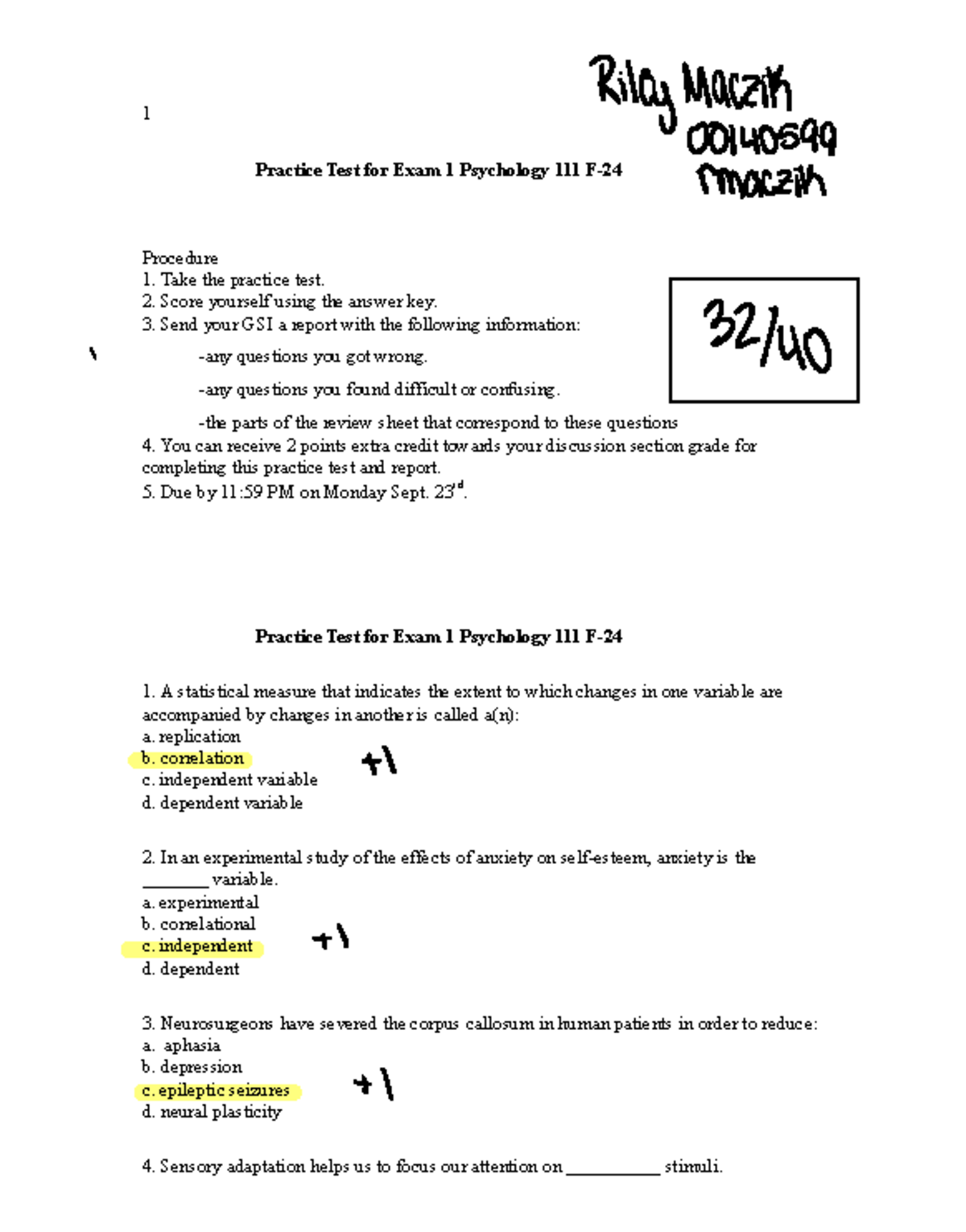 practice exam #1 - 1 Practice Test for Exam 1 Psychology 111 F ...