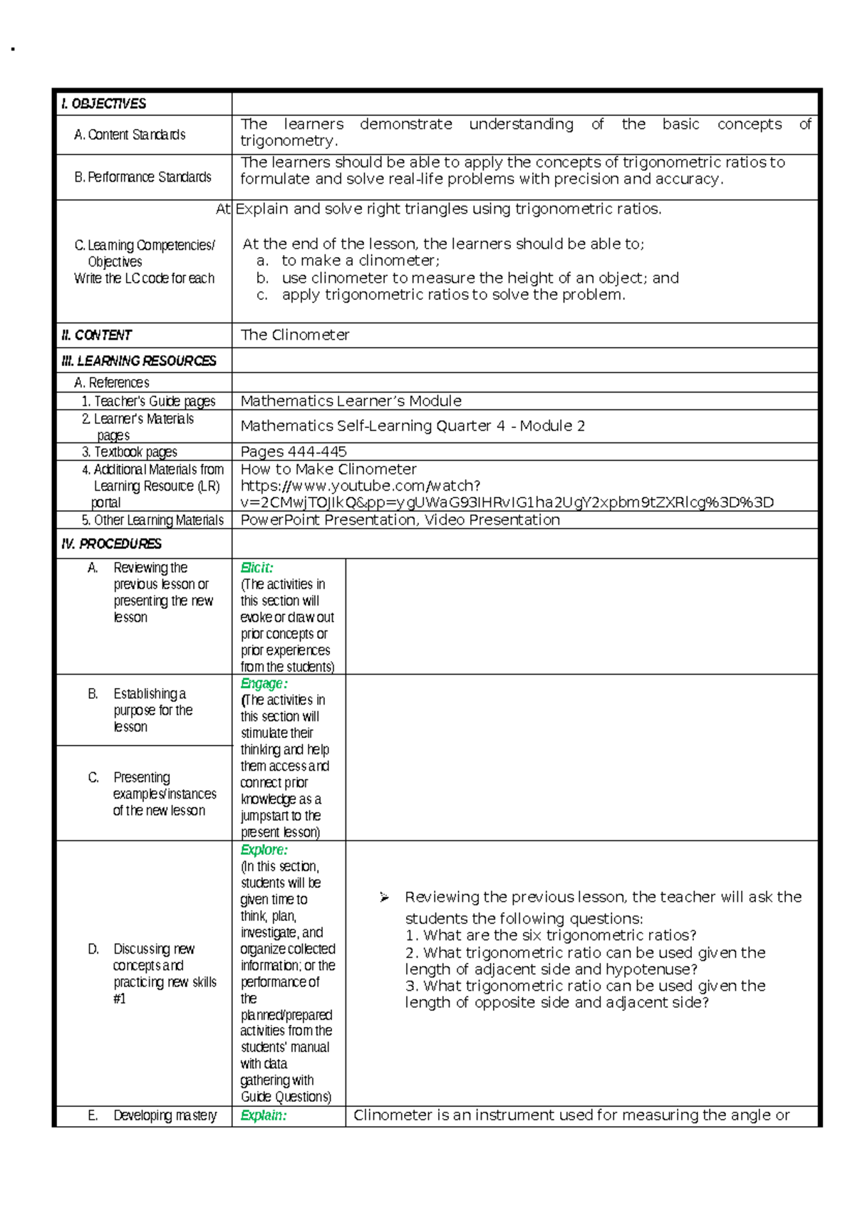 Lesson Plan in Math 9 - I. OBJECTIVES A. Content Standards The learners ...