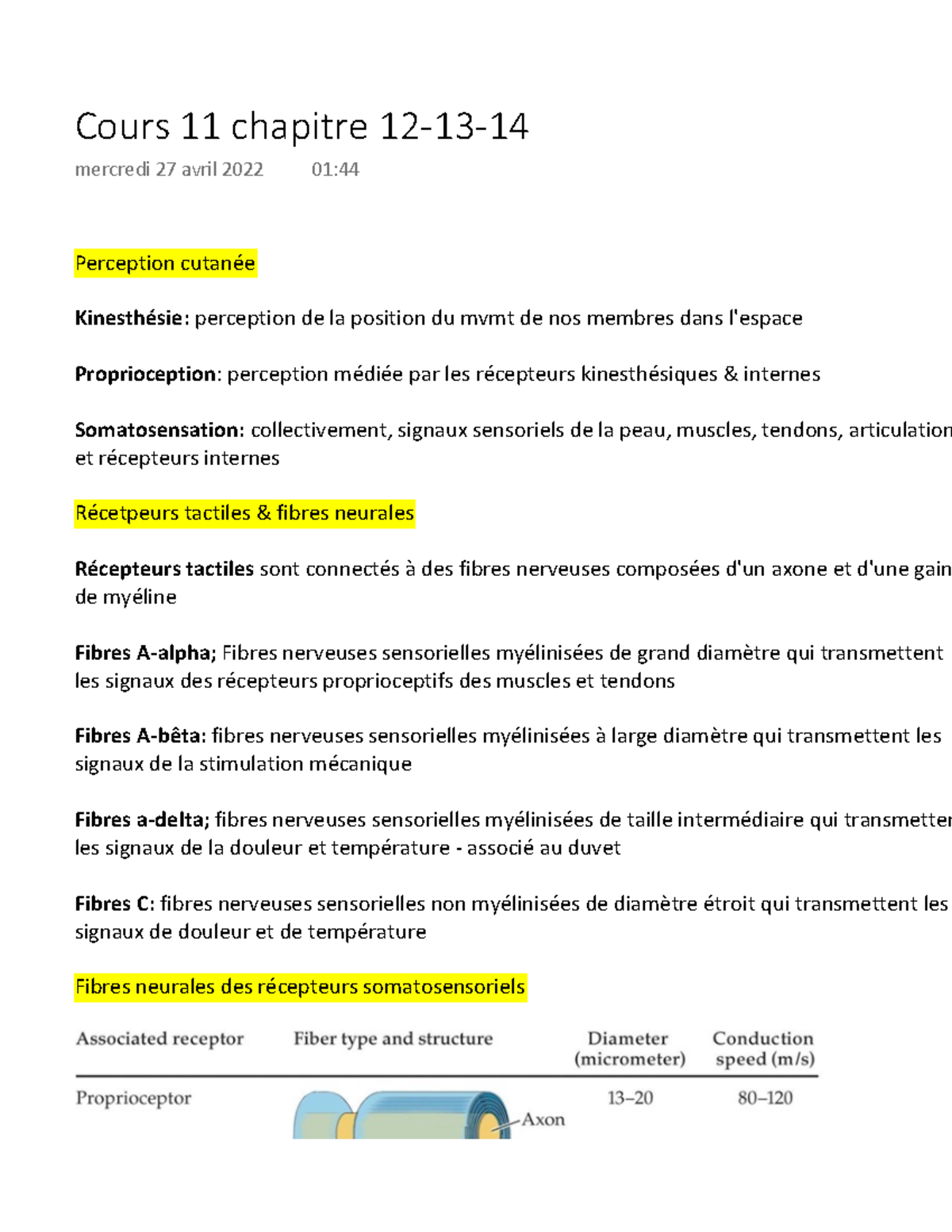 Cours 11 chapitre 12-13-14 - Perception cutanée Kinesthésie: perception ...
