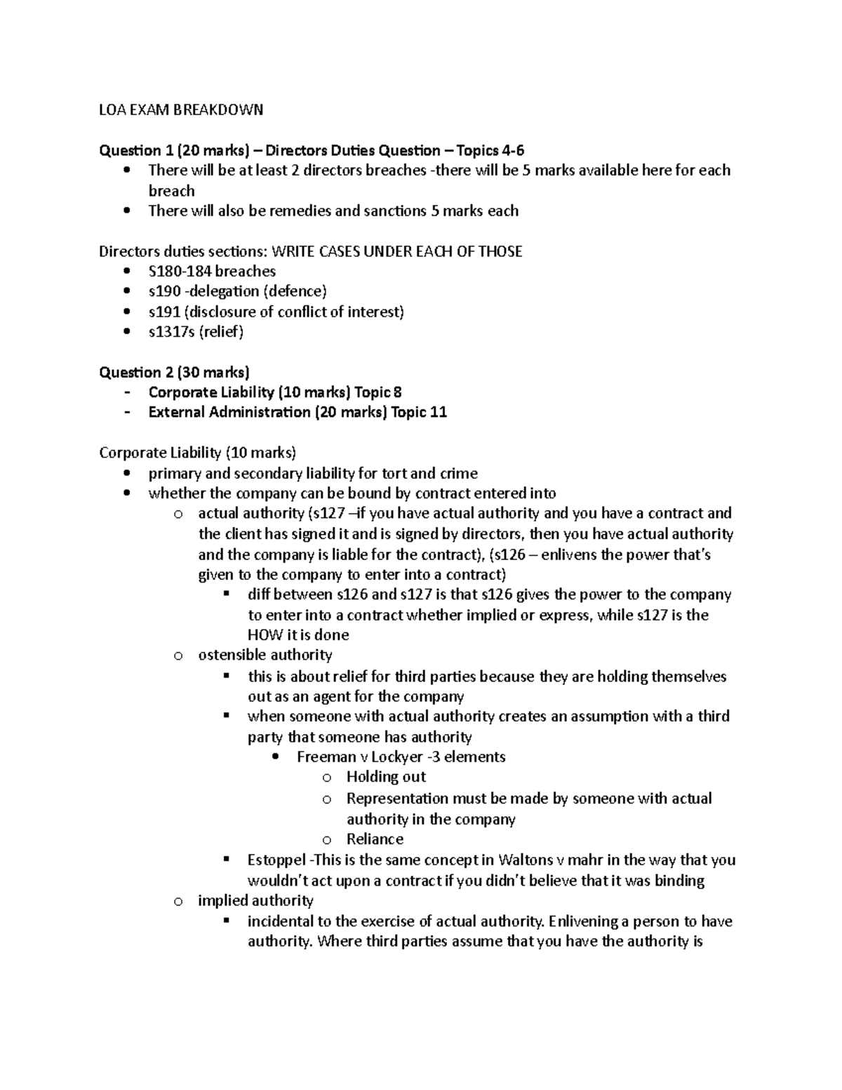 LOA EXAM TIPS - exam breakdown - LOA EXAM BREAKDOWN Question 1 (20 ...