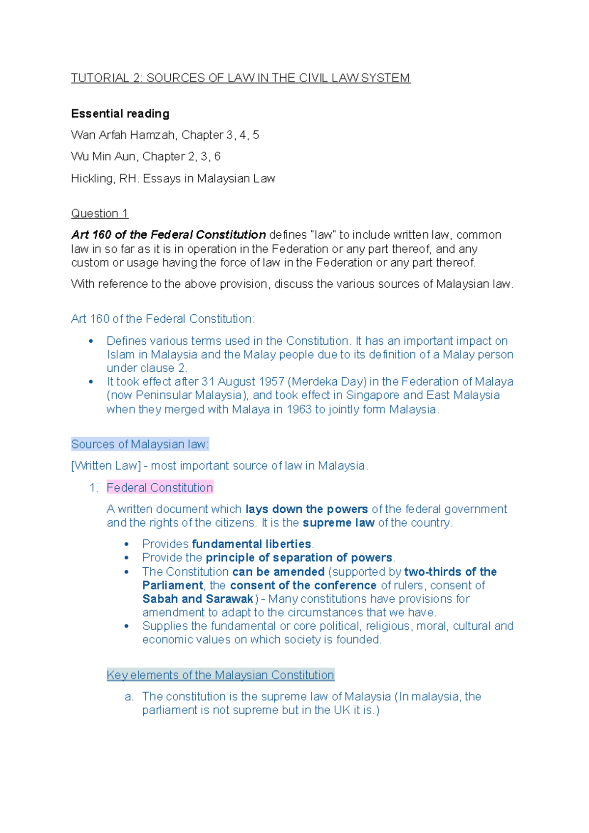 MLS Tutorial 2 - TUTORIAL 2: SOURCES OF LAW IN THE CIVIL LAW SYSTEM ...