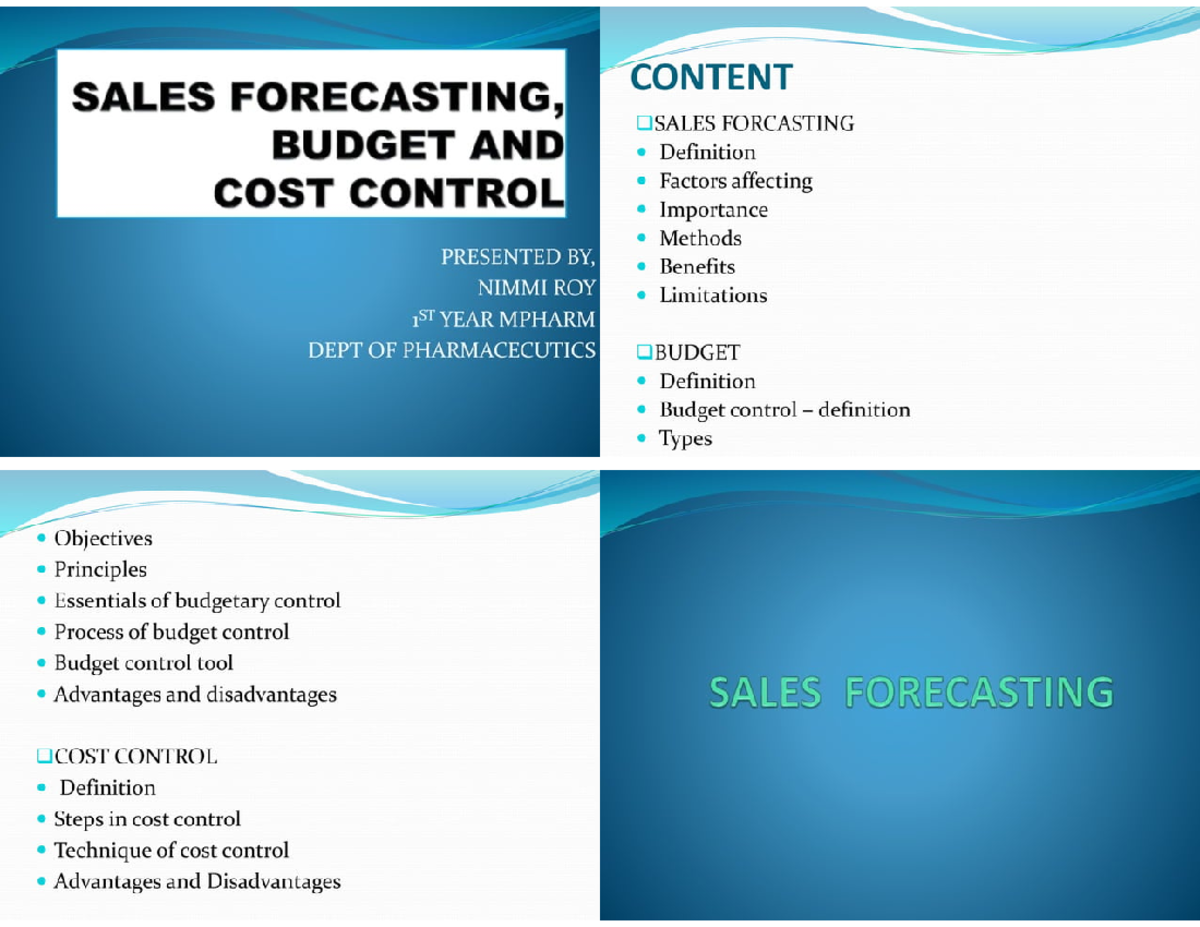 Unit 3 Salce Forcasting, Budjet and Cost Control - Pharmacy Practice ...
