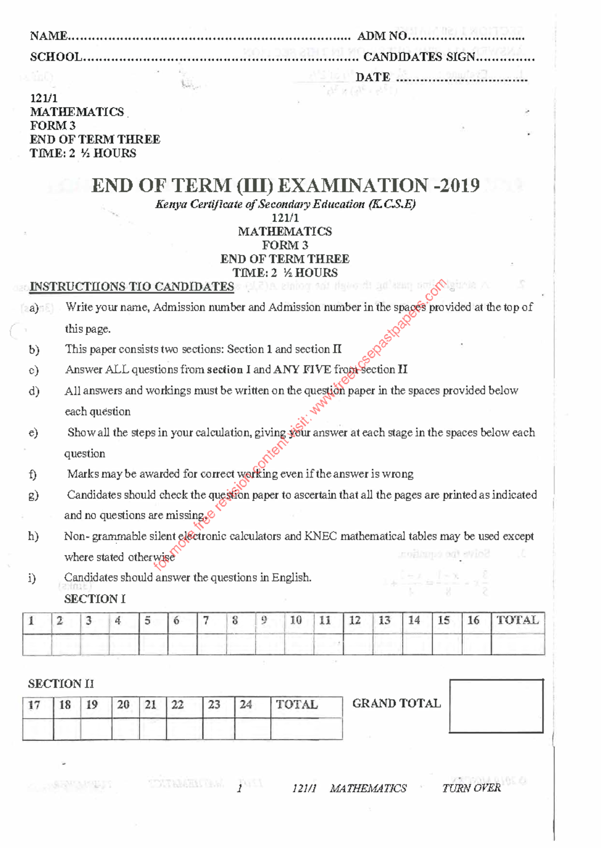 Form 3 Maths Paper 1 End Term 3 - ( - Studocu