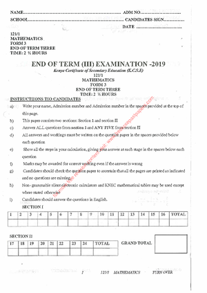 Mathematics - Mathematics Form 2 - Question Paper - ZERAKI ACHIEVERS’ EXAMINATIONS (2022) Term 3 ...