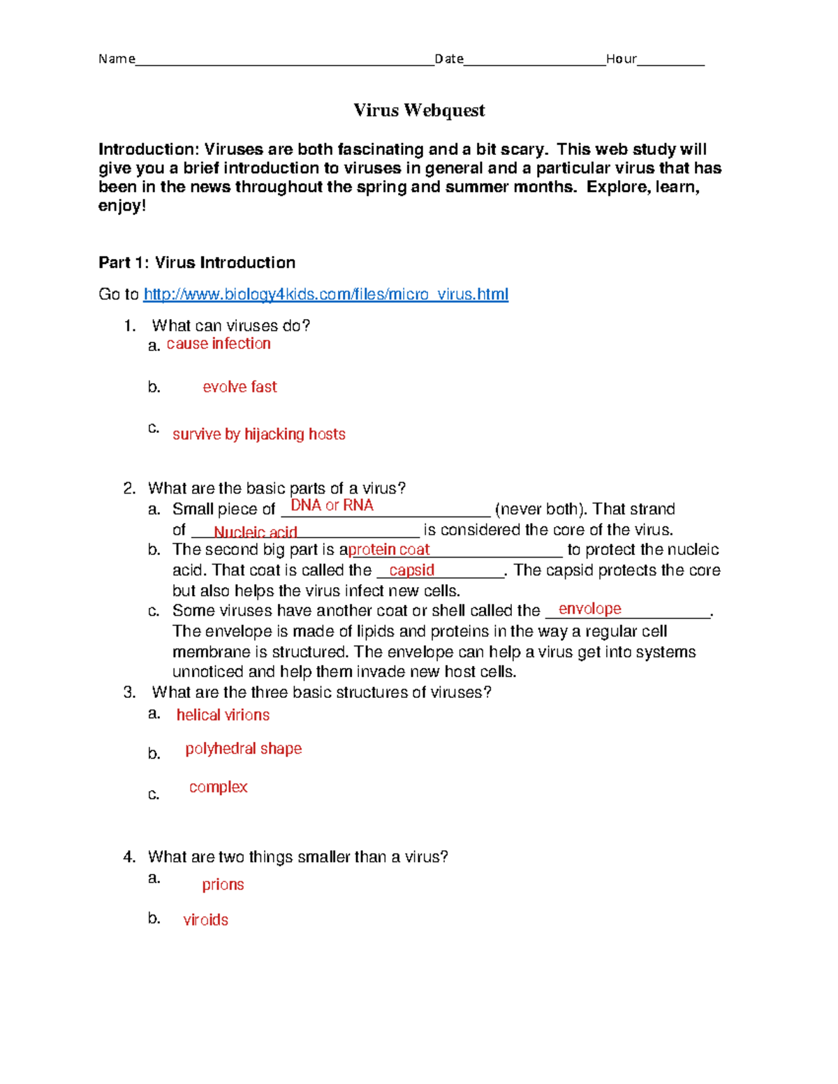 Virus-webquest - Virus Worksheet PDF - Virus Webquest Introduction ...
