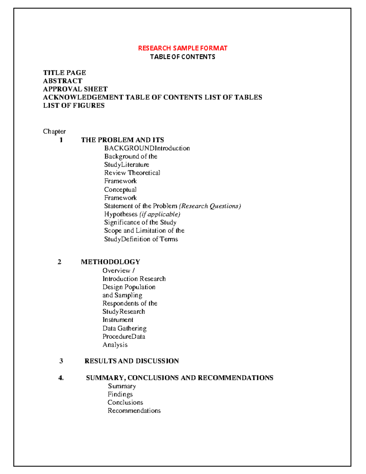 Research Sample Format AND Terms - RESEARCH SAMPLE FORMAT TABLE OF ...