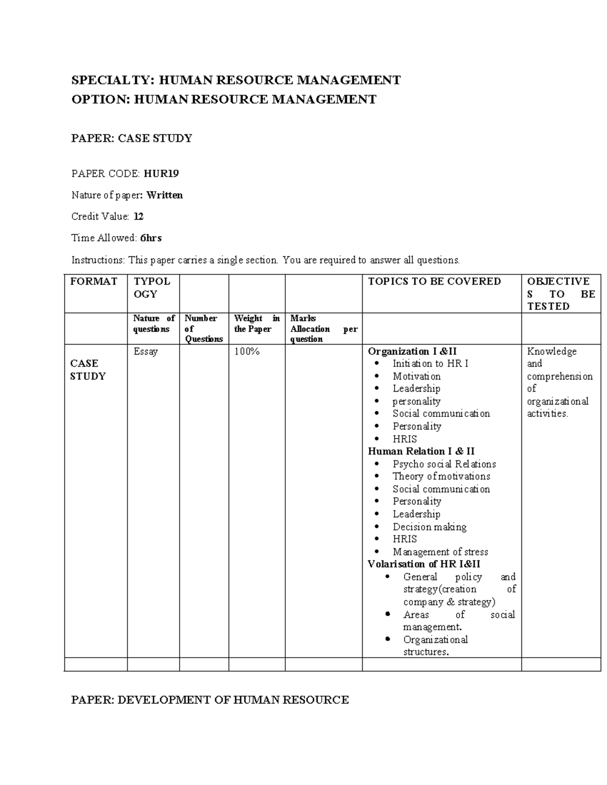 Canival HRM - SPECIALTY: HUMAN RESOURCE MANAGEMENT OPTION: HUMAN ...