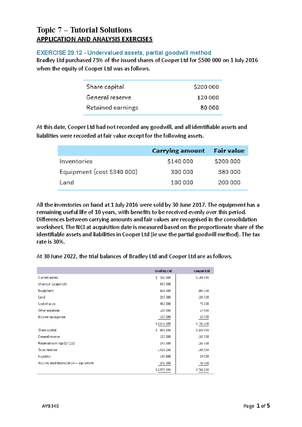 AYB340 Tutorial 7 Solutions - Topic 7 – Tutorial Solutions APPLICATION ...
