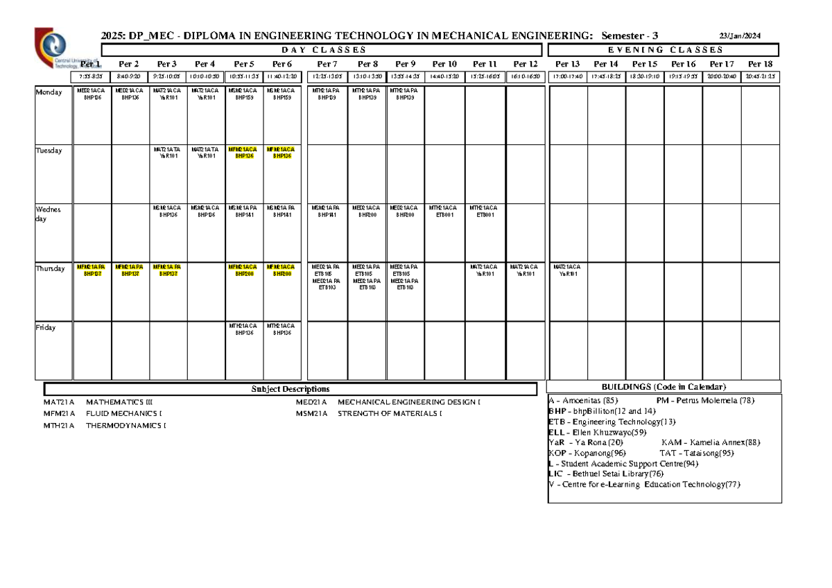 Timetable 2024 S3 - Summary Engineering: Mechanical - D A Y C L A S S E S E V E N I N G C L A S ...