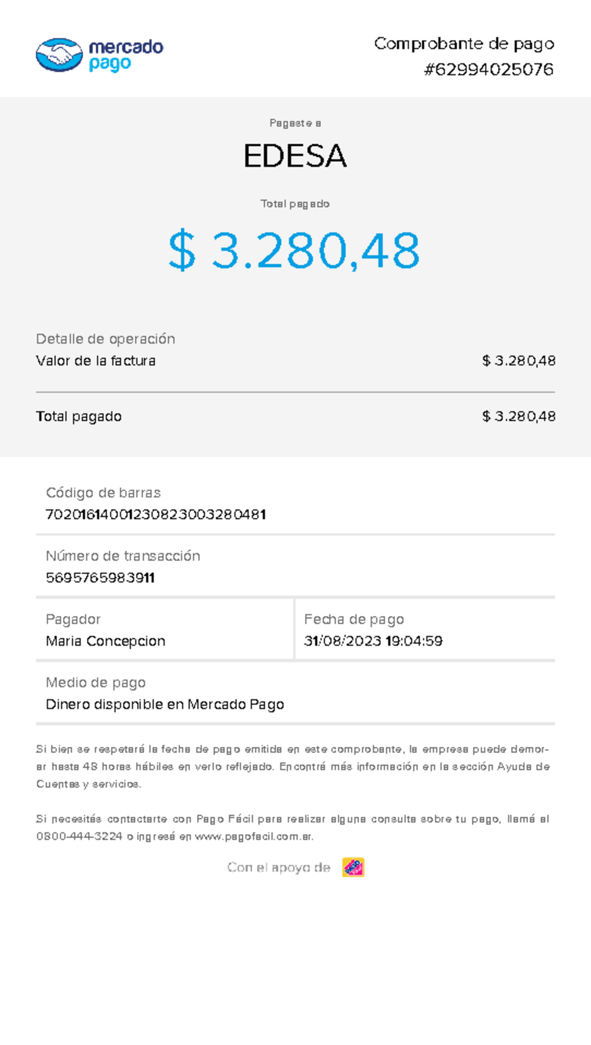 2023 08 31 18 05 05 748 receipt - Comprobante de pago Pagaste a EDESA ...