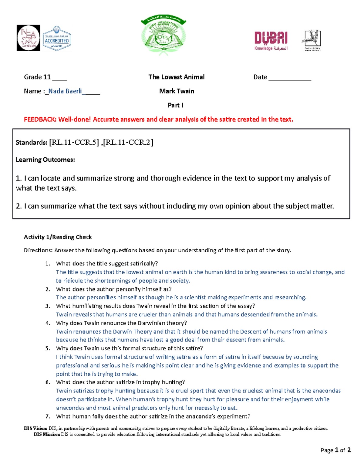 The Lowest Animal 1 Nada for british uni - Grade 11 ____ The Lowest ...