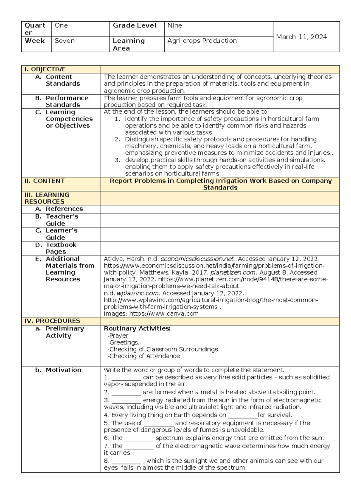 Week7 ACP9-day1 - Copy - Quart er One Grade Level Nine March 11, 2024 ...
