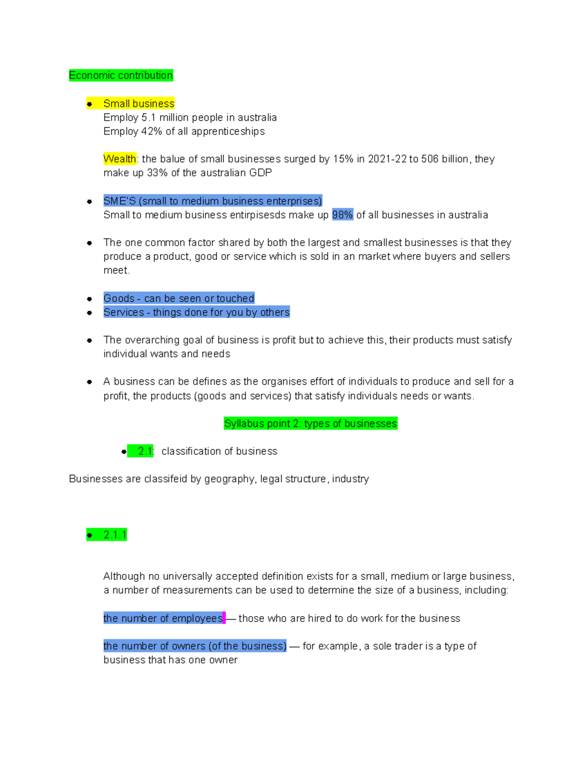 Buisness studies notes - Economic contribution Small business Employ 5 ...