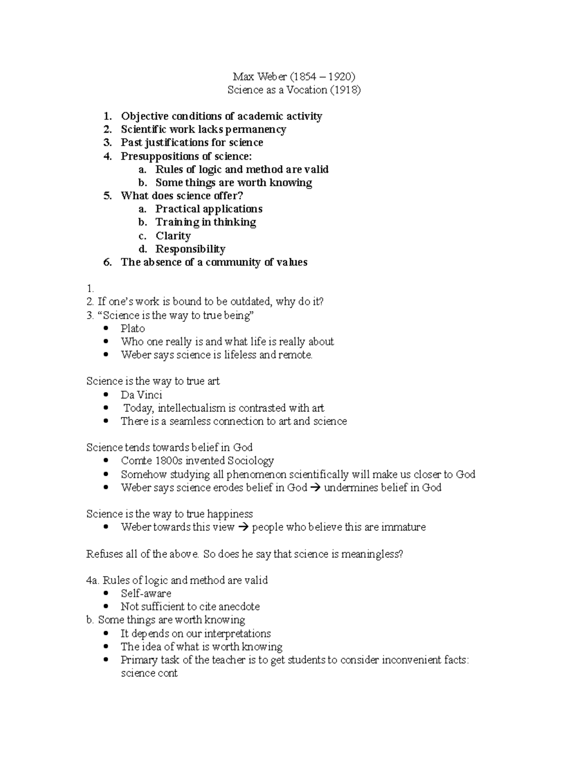 Oct 7 - Max Weber - Max Weber (1854 1920) Science as a Vocation (1918 ...