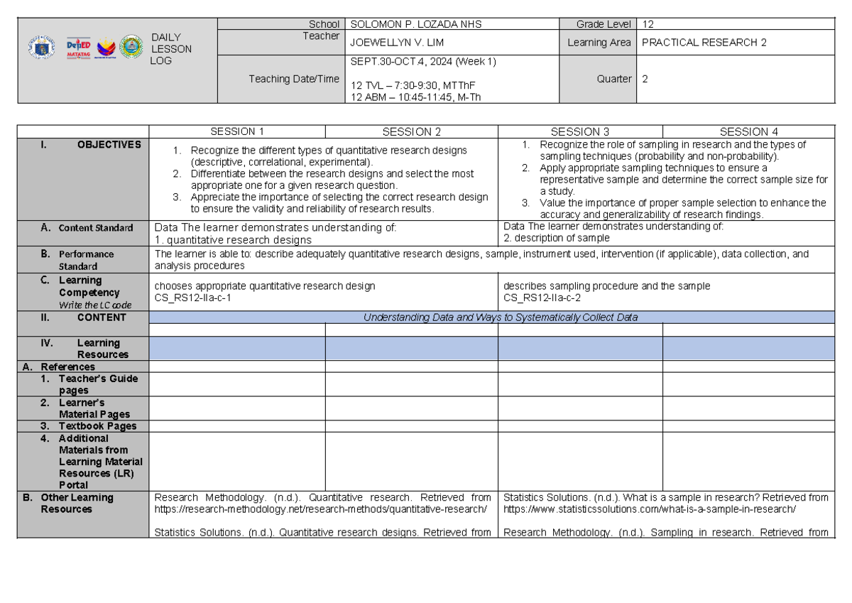 12 pr2 q2 week1 - dll - DAILY LESSON LOG School SOLOMON P. LOZADA NHS ...
