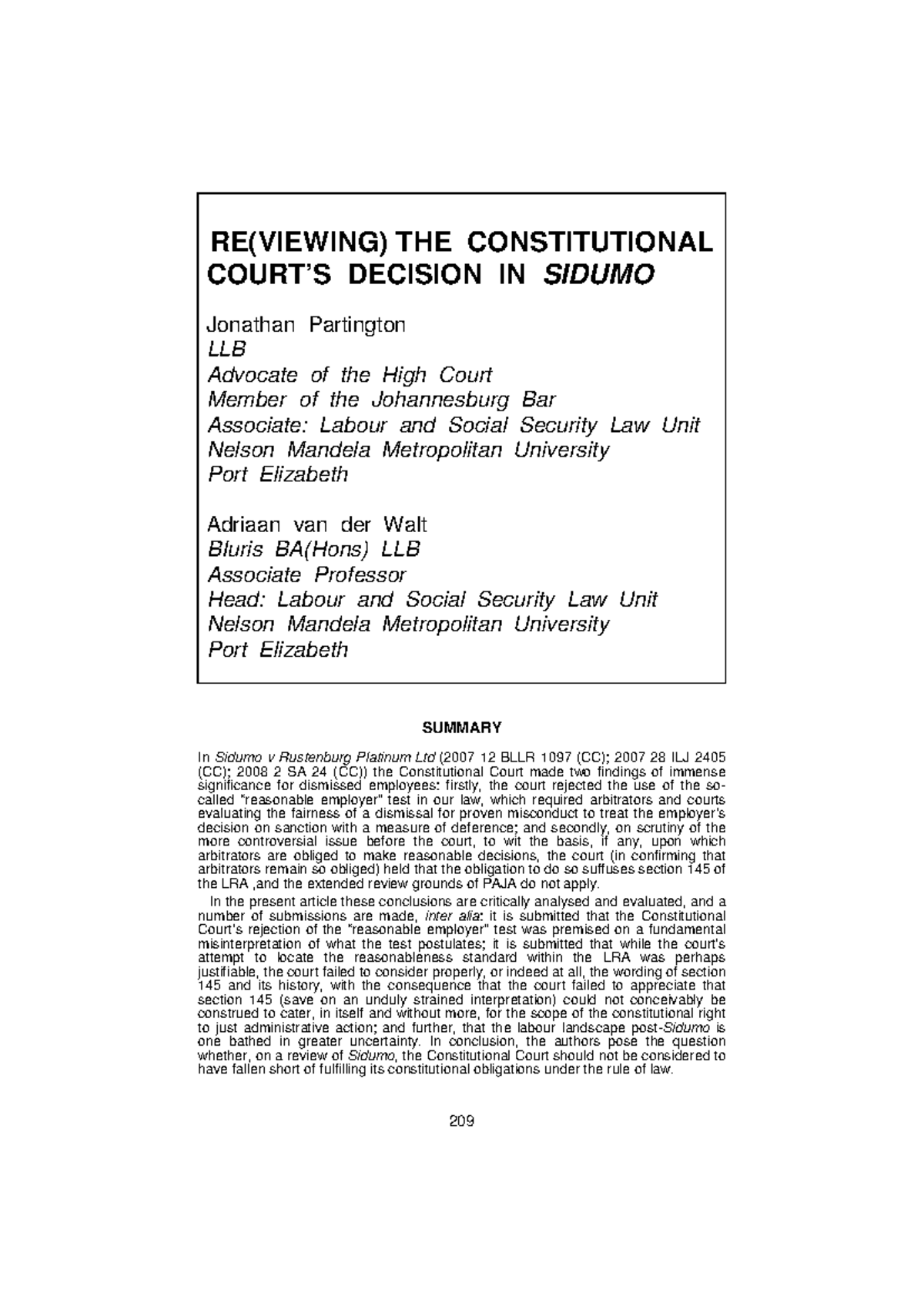 Partington van der walt 2008 re(viewing) the constitutional court s ...