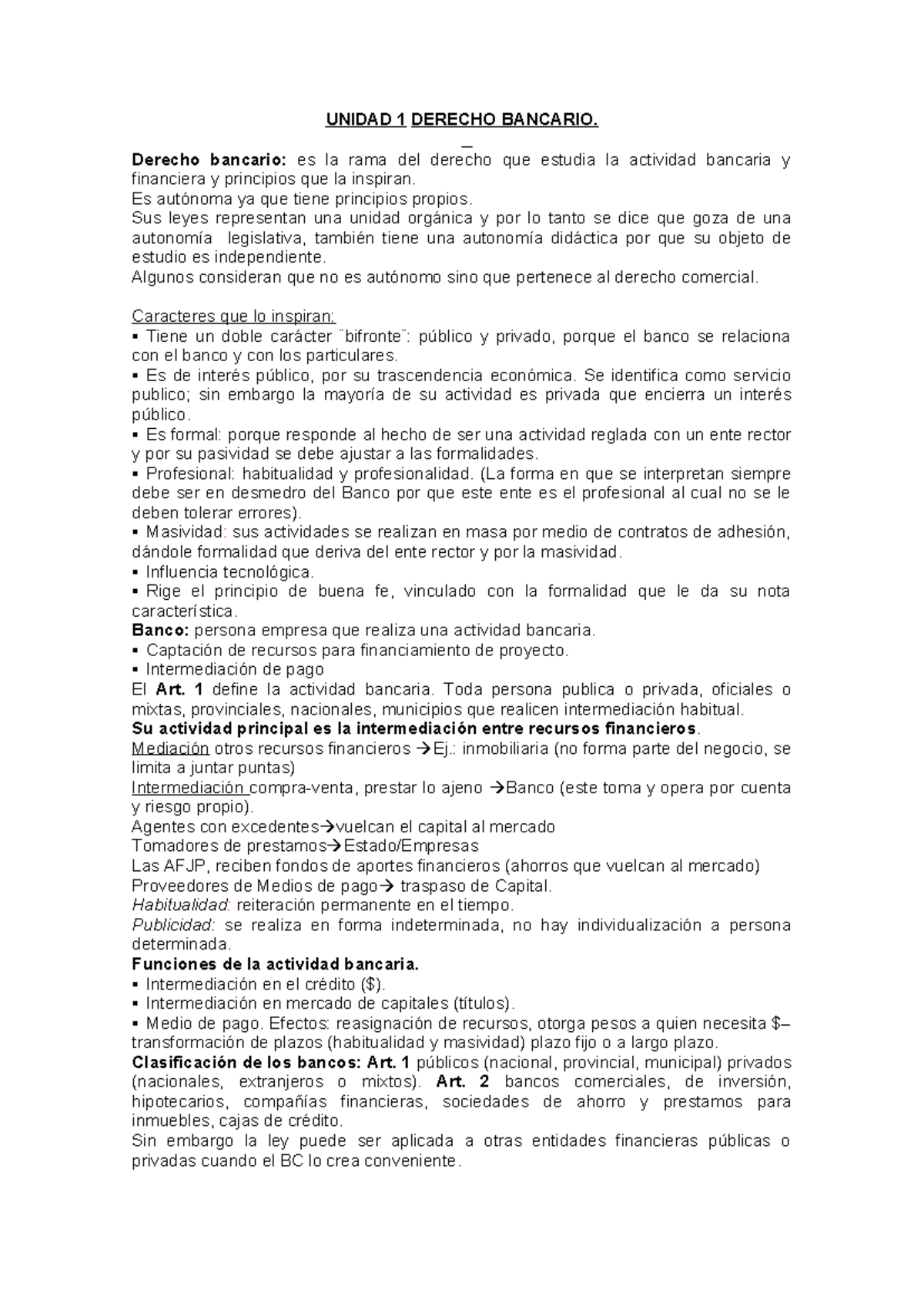 Bancario. Resumen Bancario - UNIDAD 1 DERECHO BANCARIO. Derecho bancario: es la rama del derecho ...