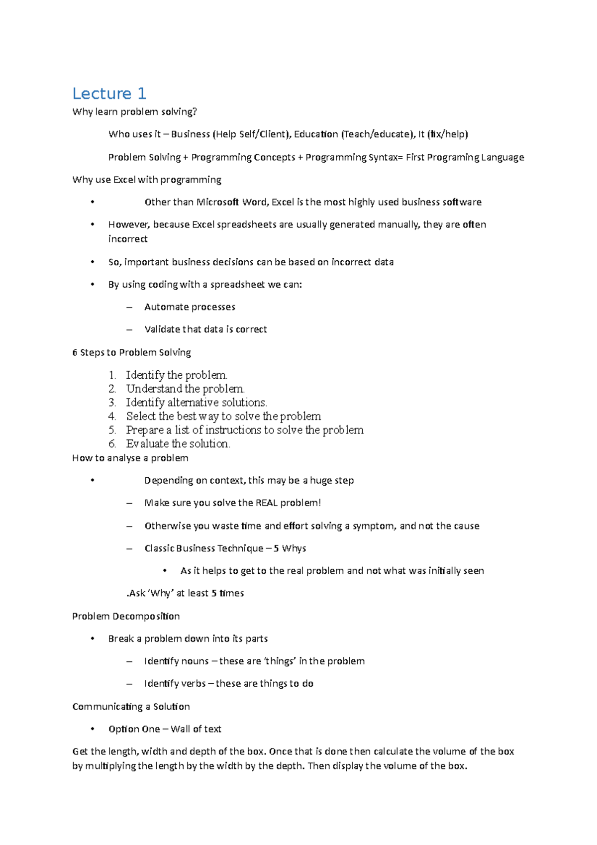 CP1801 - Summary - Lecture notes 1-3 - Lecture 1 Why learn problem ...