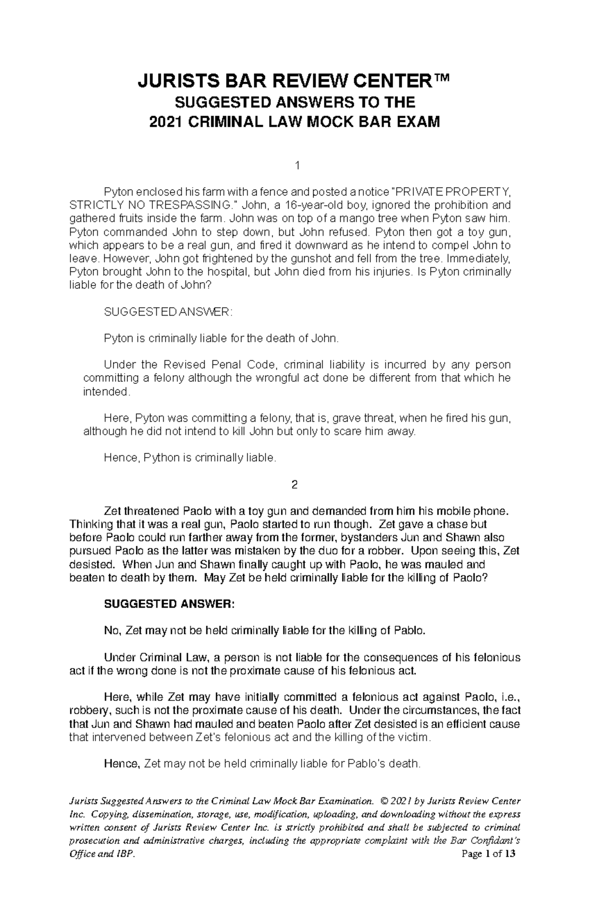 Crimlaw mock exams - Jurists Suggested Answers to the Criminal Law Mock ...