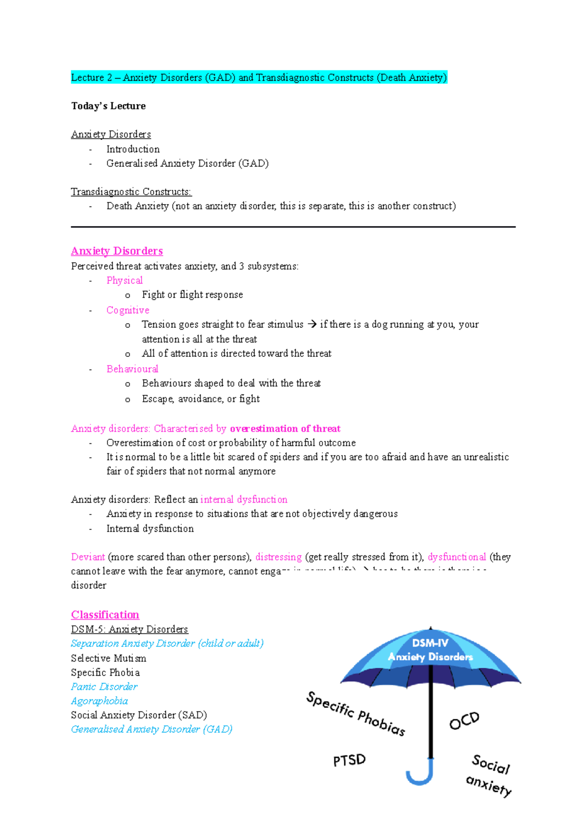 Lecture 2 GAD and Death Anxiety - Lecture 2 – Anxiety Disorders (GAD ...