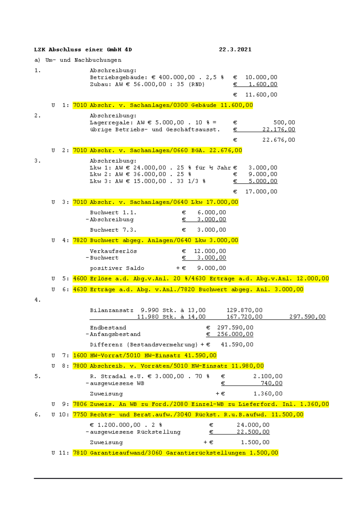 LZK Abschluss einer Gmb H Losung - a) Um- und Nachbuchungen Zubau: AW € 56,00 : 35 (RND) € 1 ...