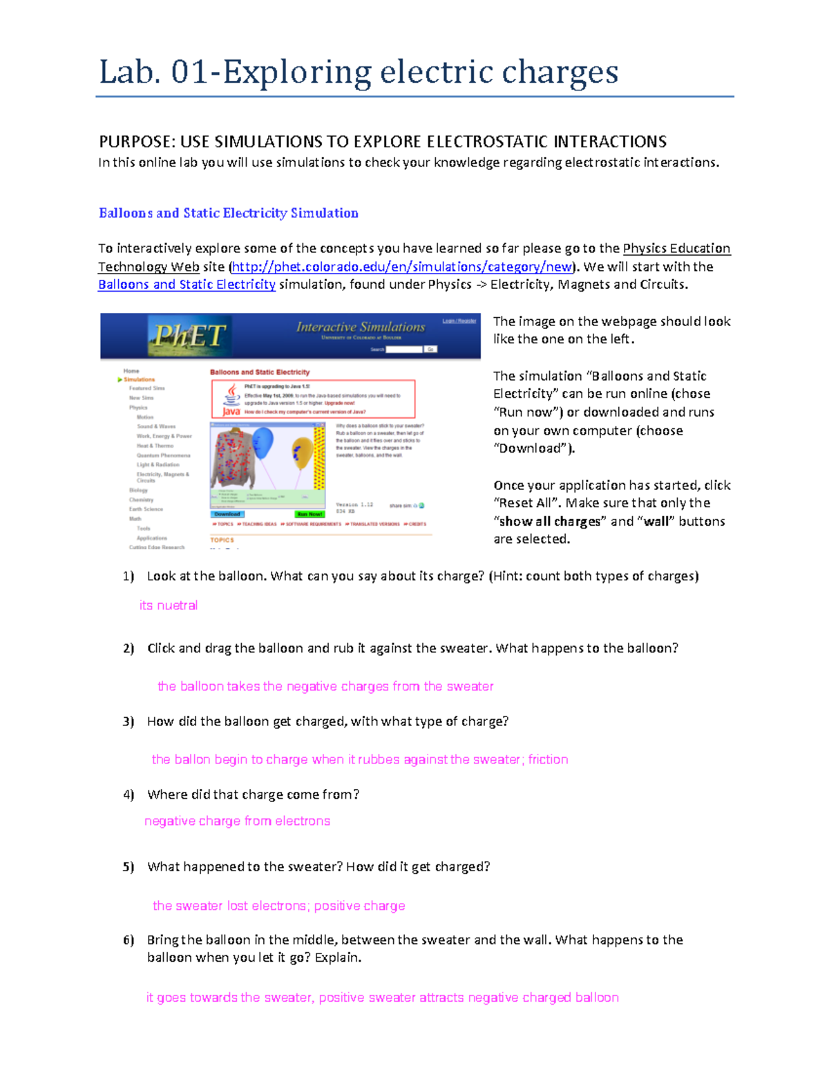 Lab 01 Exploring Electric Charges - Lab. 01 -­‐Exploring electric charges PURPOSE: USE ...