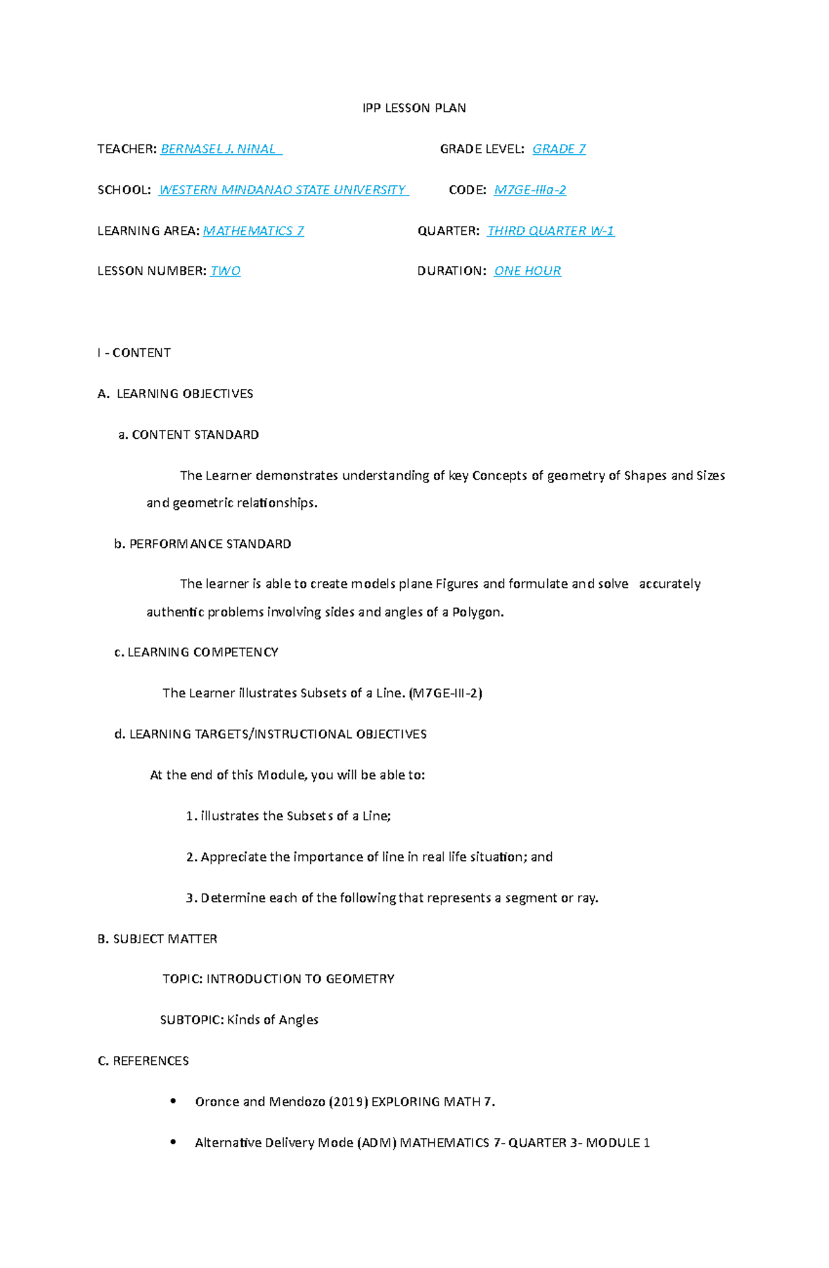 LP 8 - This lesson plan is about kinds of Angles - IPP LESSON PLAN ...