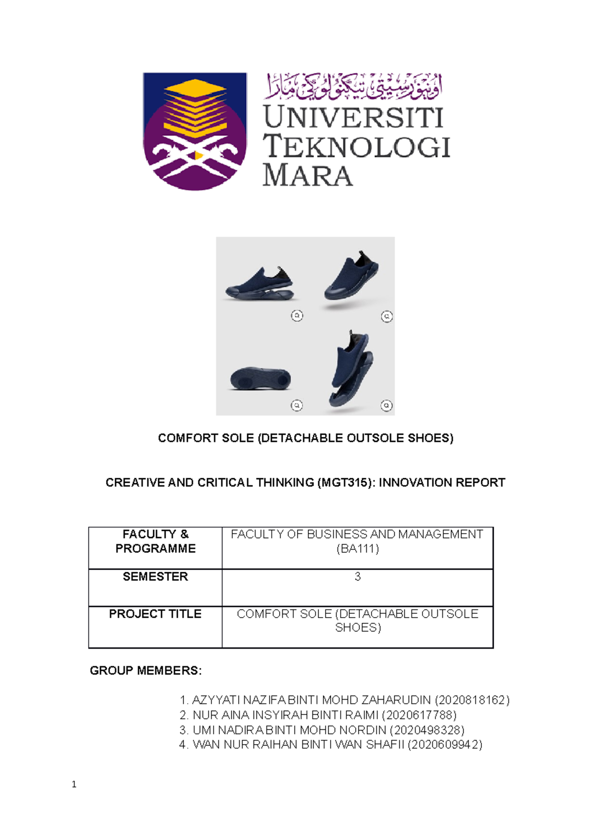 MGT315 Innovation Report - COMFORT SOLE (DETACHABLE OUTSOLE SHOES ...
