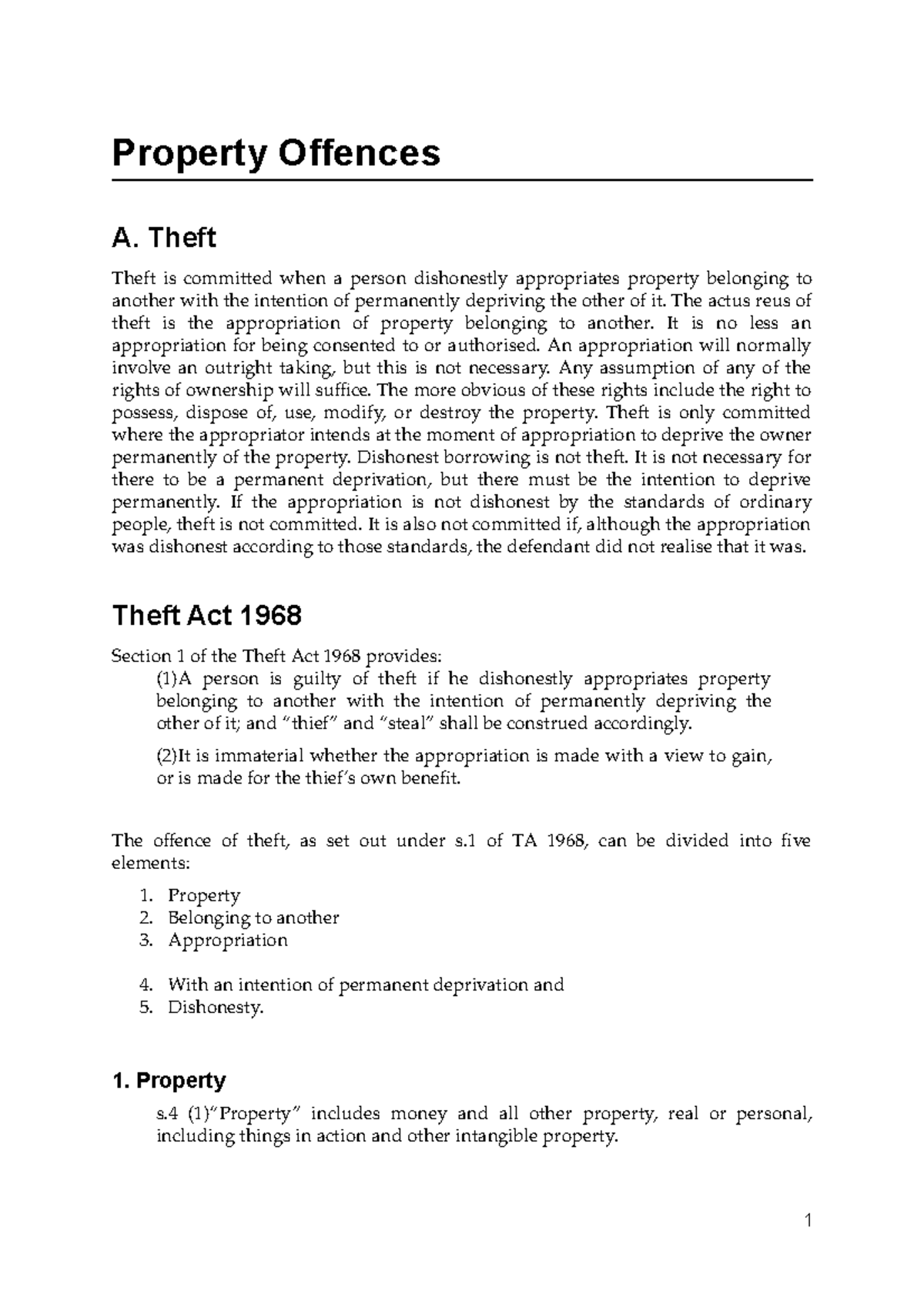 Lecture 11 - Property Offences Handout (Theft + Robbery) - Property ...