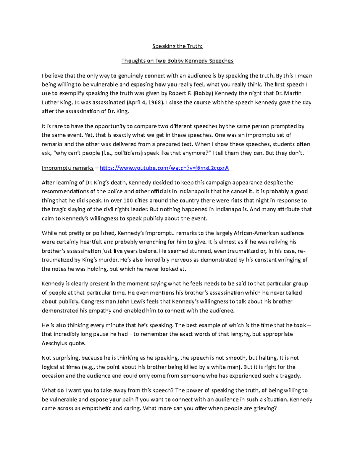 502 week 1 lecture notes rfk - Speaking the Truth: Thoughts on Two ...