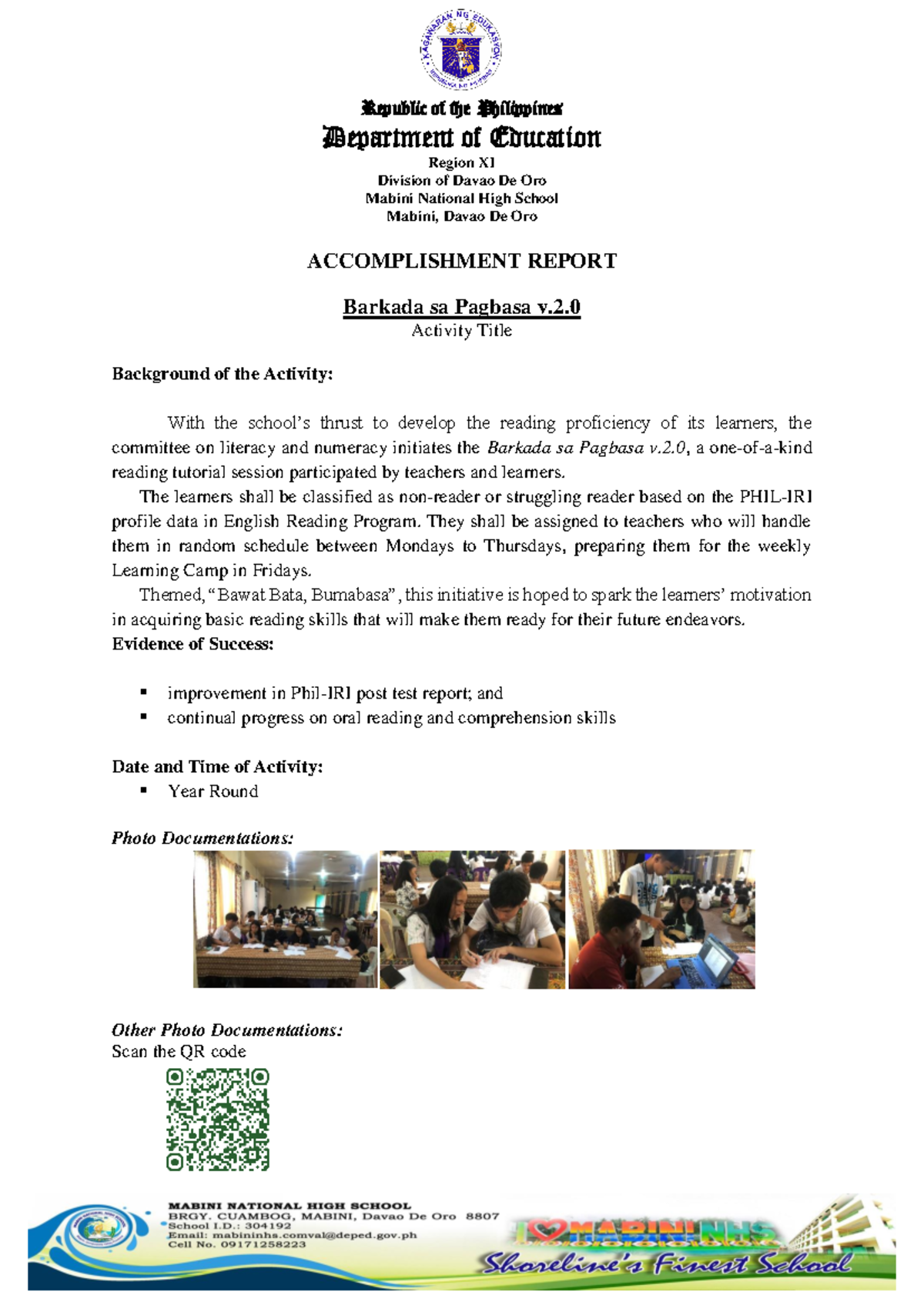 Accomplishment Report - Barkada sa Pagbasa - Republic of the ...