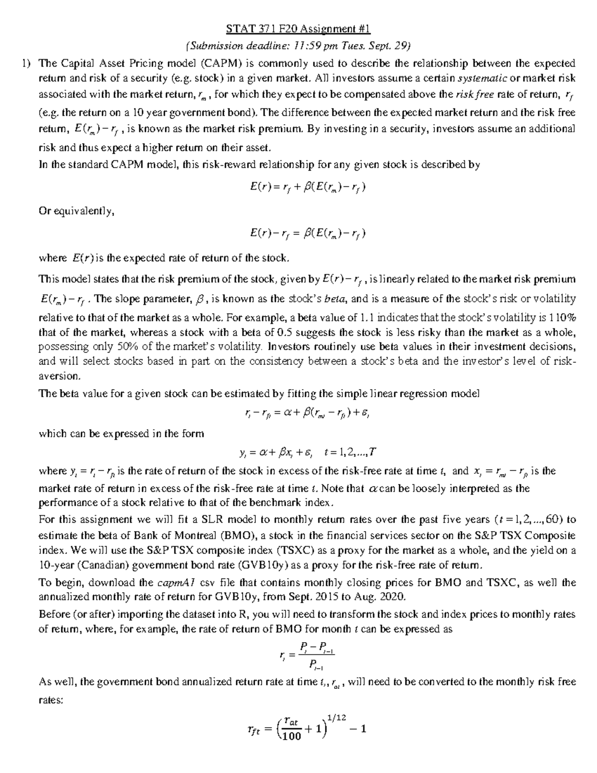 Assignment #1 - STAT 371 F20 Assignment # (Submission deadline: 11:59 ...