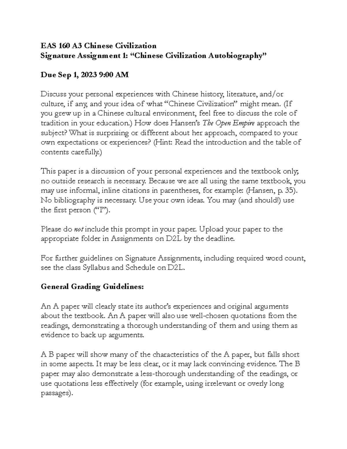 Chinese Civ F23 Signature Assignment 1 - EAS 160 A3 Chinese ...