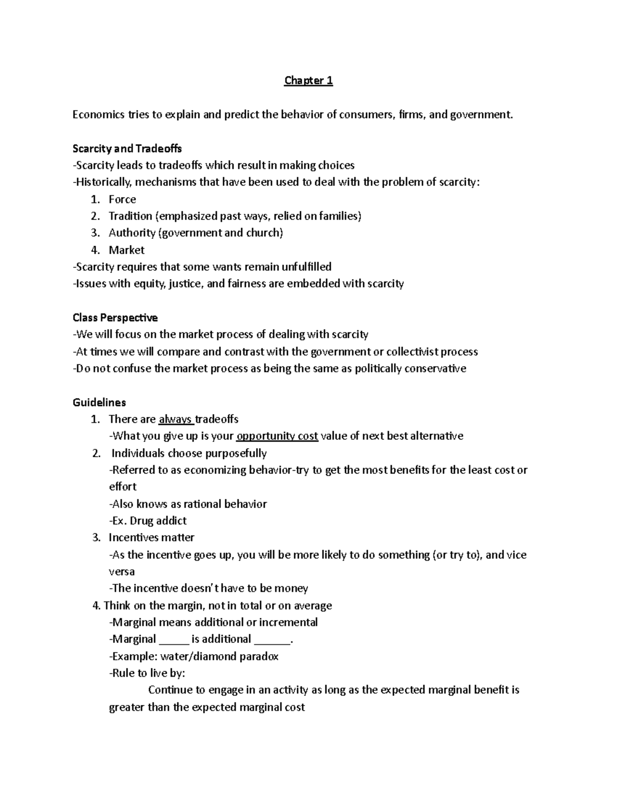 Chapter 1 Notes - Chapter 1 Economics tries to explain and predict the ...