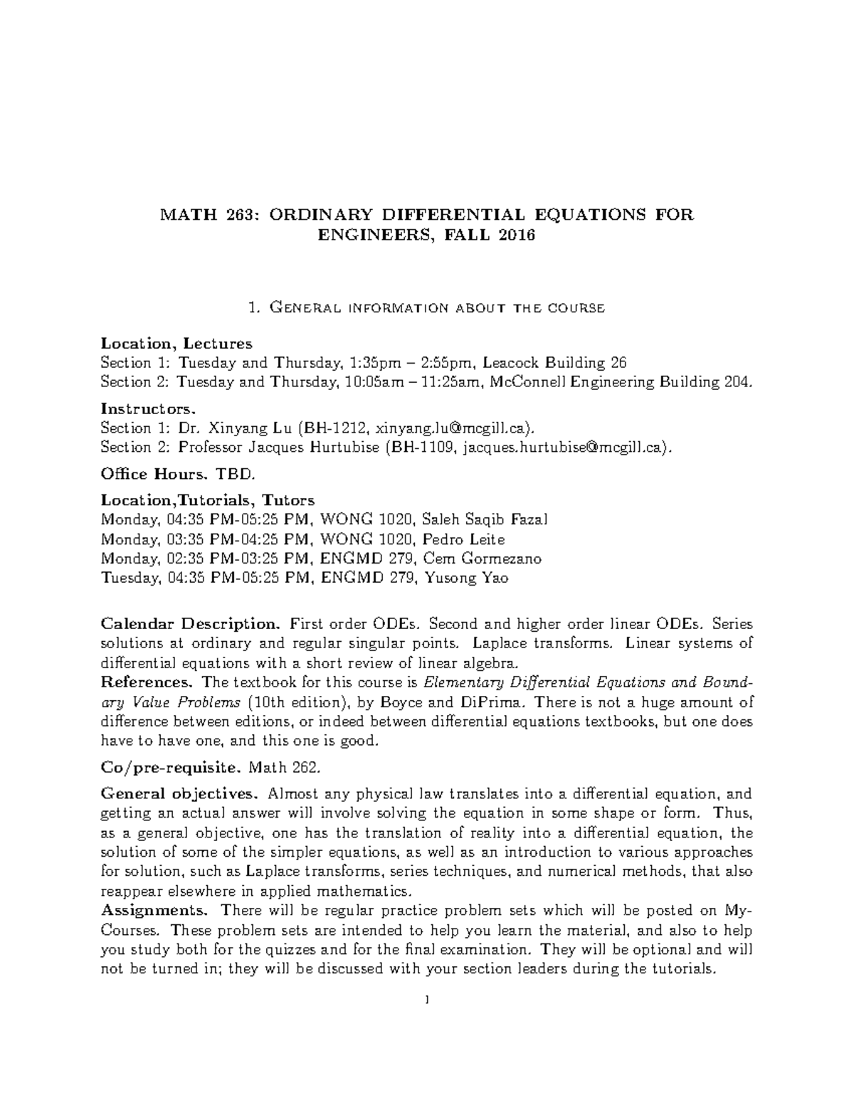 Ordinay Differential Equations For Engineers, Fall 2016 - MATH 263: ORDINARY DIFFERENTIAL ...