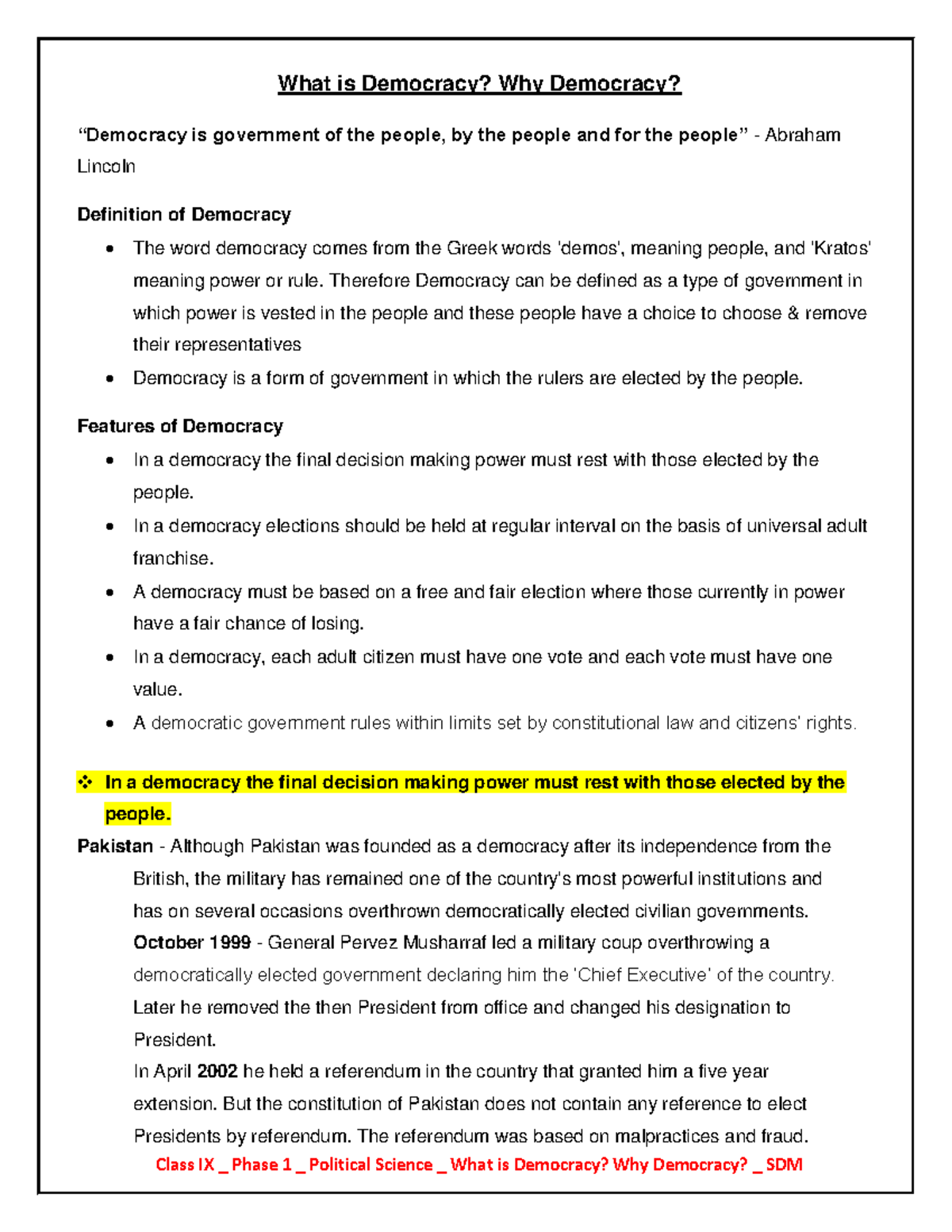 What is Democracy Why Democracy Political Science Chapter 1 Class 9 ...